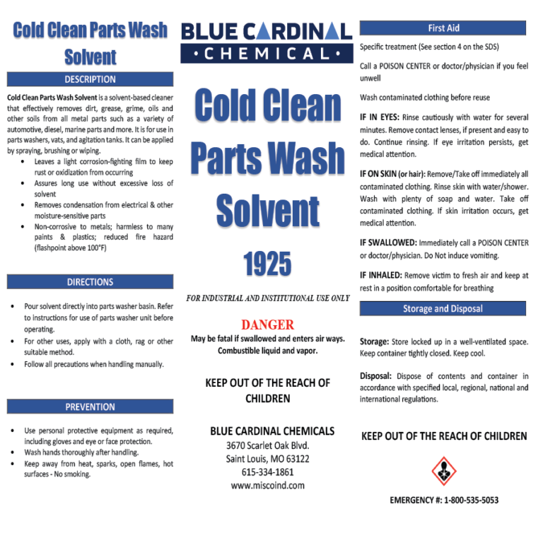 Cold Clean Parts Wash Solvent - Blue Cardinal Chemical